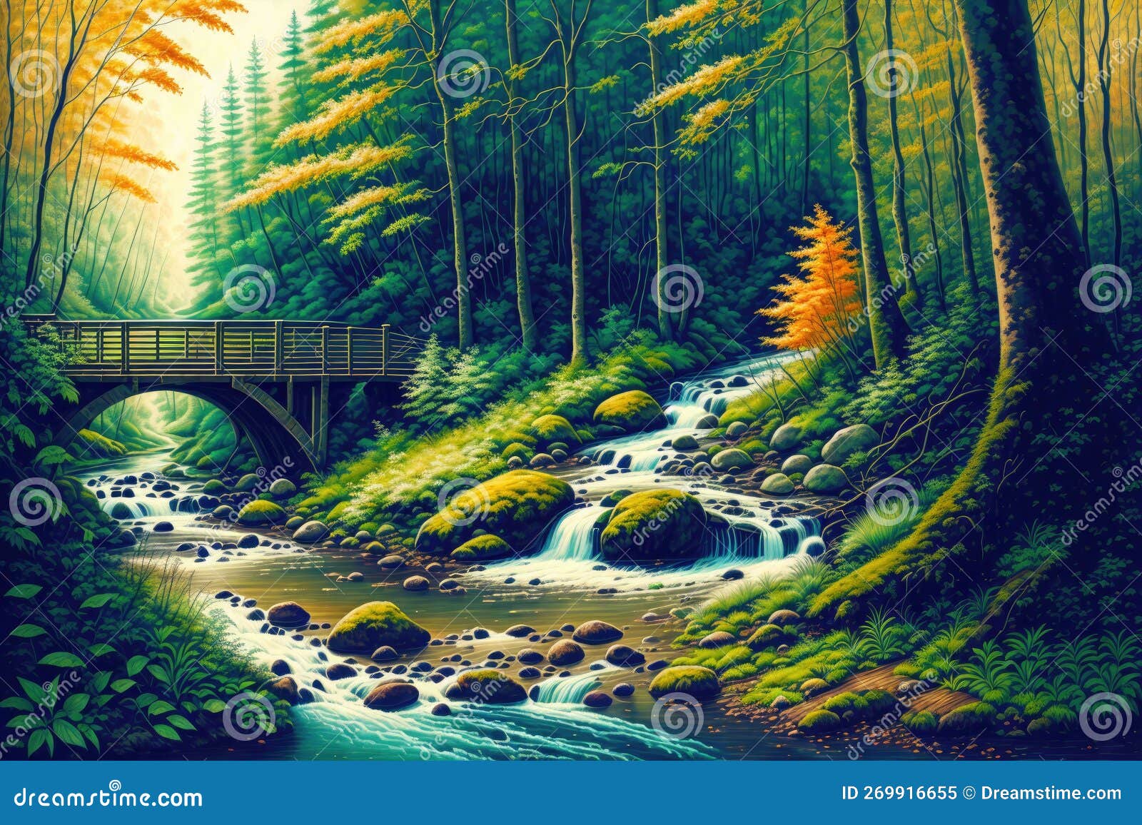 A Stream in a Forest with a Bridge and Trees in the Background by AI ...