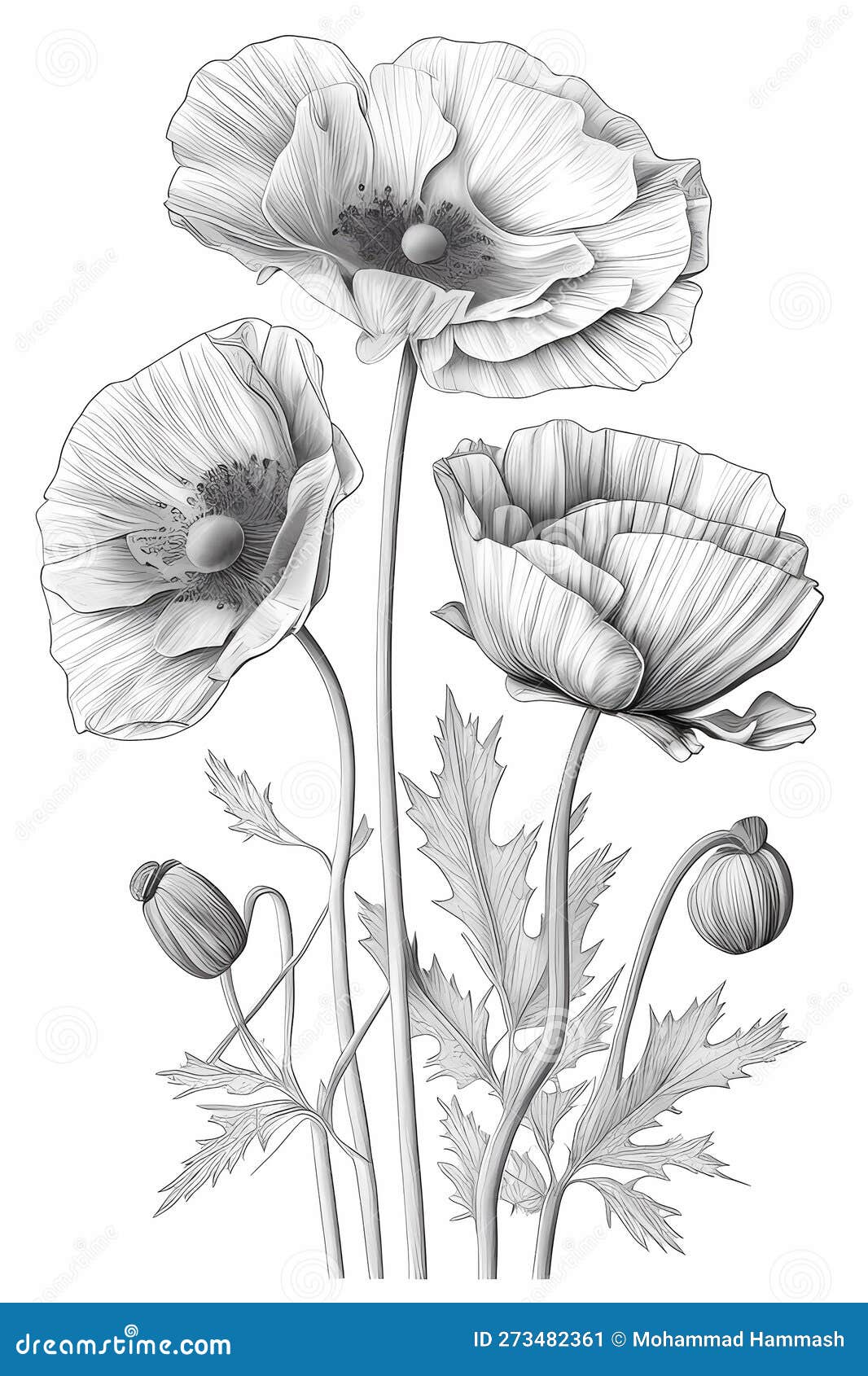Black and White Poppy Botanical Illustration, Made with Generative AI ...