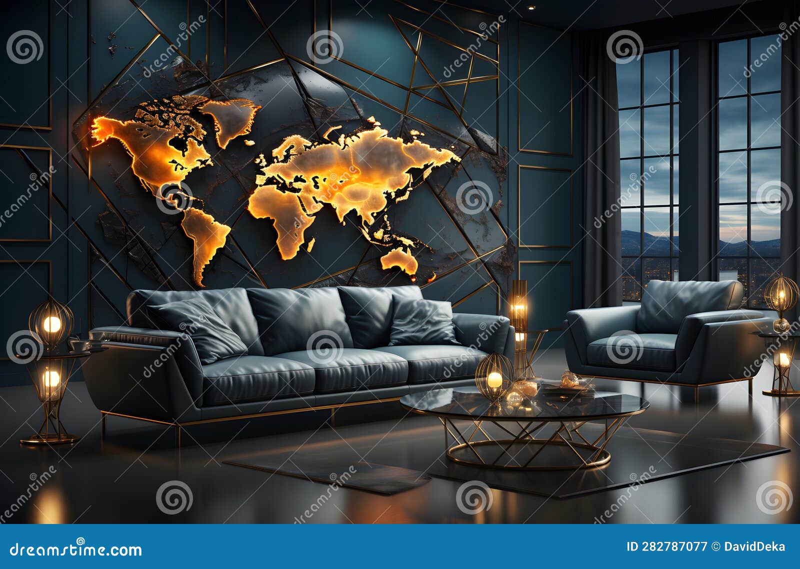 Interior of Modern Living Room with World Map, 3d Render Stock ...