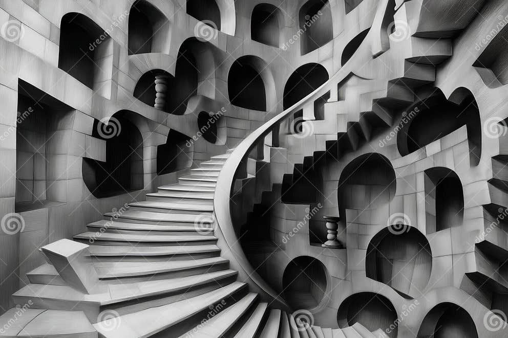 Surreal Architectural Staircase with Arches in Monochrome Stock ...