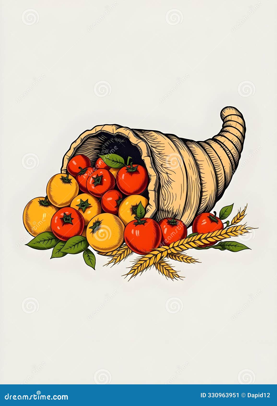 A Thanksgiving Hand Drawing of a Cornucopia with Fruits and Grains on a ...