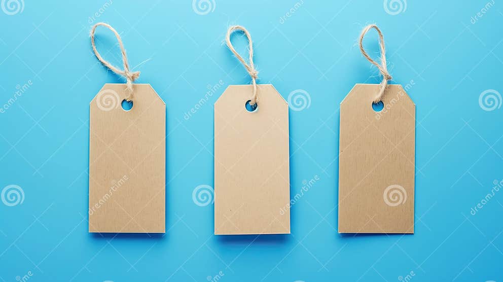 Three Blank Brown Tags with String on a Blue Background. Stock ...
