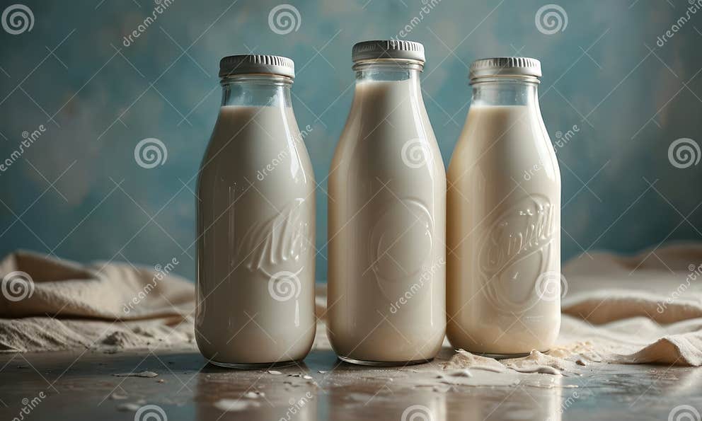 Three Glass Bottles of Milk are Lined Up on a Table. Stock Illustration ...