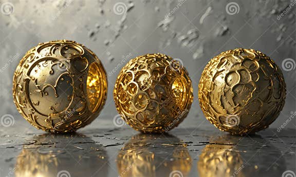 Three Golden Balls are Placed in Front of a Grey Wall. Stock ...