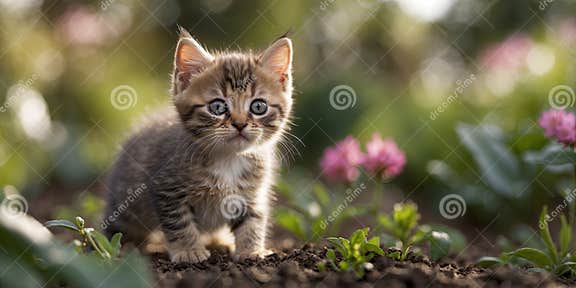 A Tiny Kitten Exploring a Garden for the First Time. Stock Illustration ...