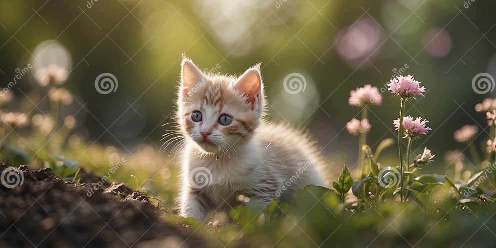 A Tiny Kitten Exploring a Garden for the First Time. Stock Illustration ...