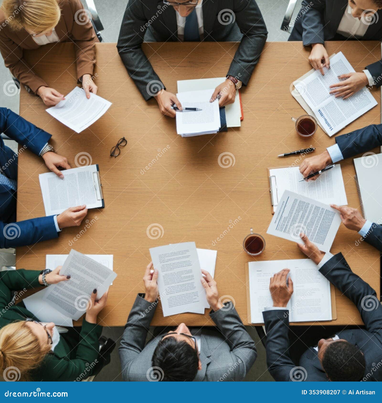 AI-Generated Top-Down View of Eight People Reviewing Documents with ...