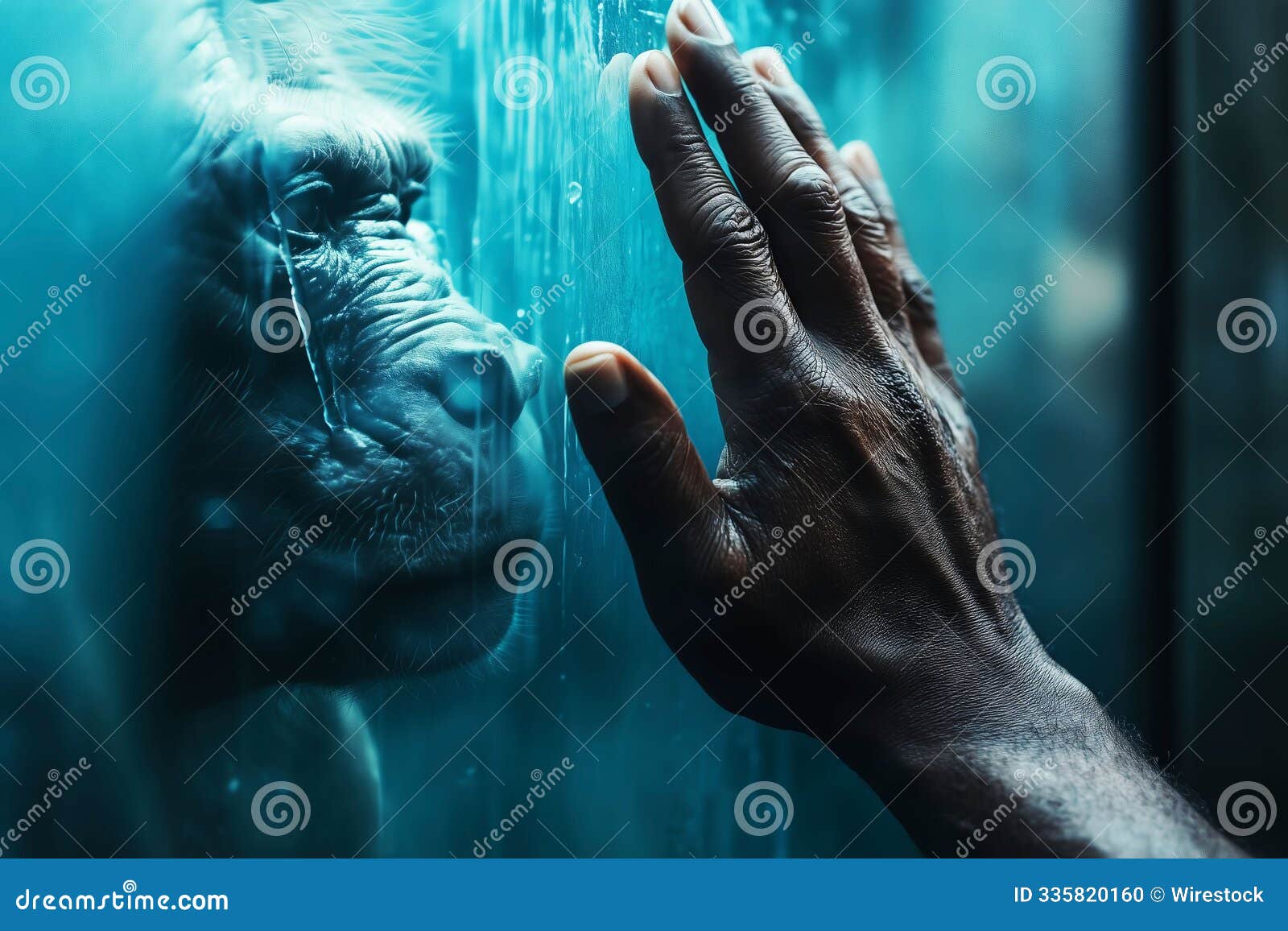 Touching Moment between Human and Chimpanzee through Glass. Stock ...