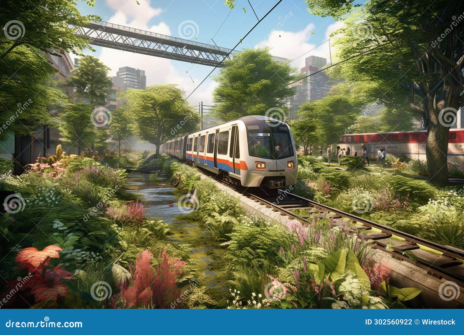 AI Generated Train Traveling Down a Set of Railroad Tracks Surrounded ...