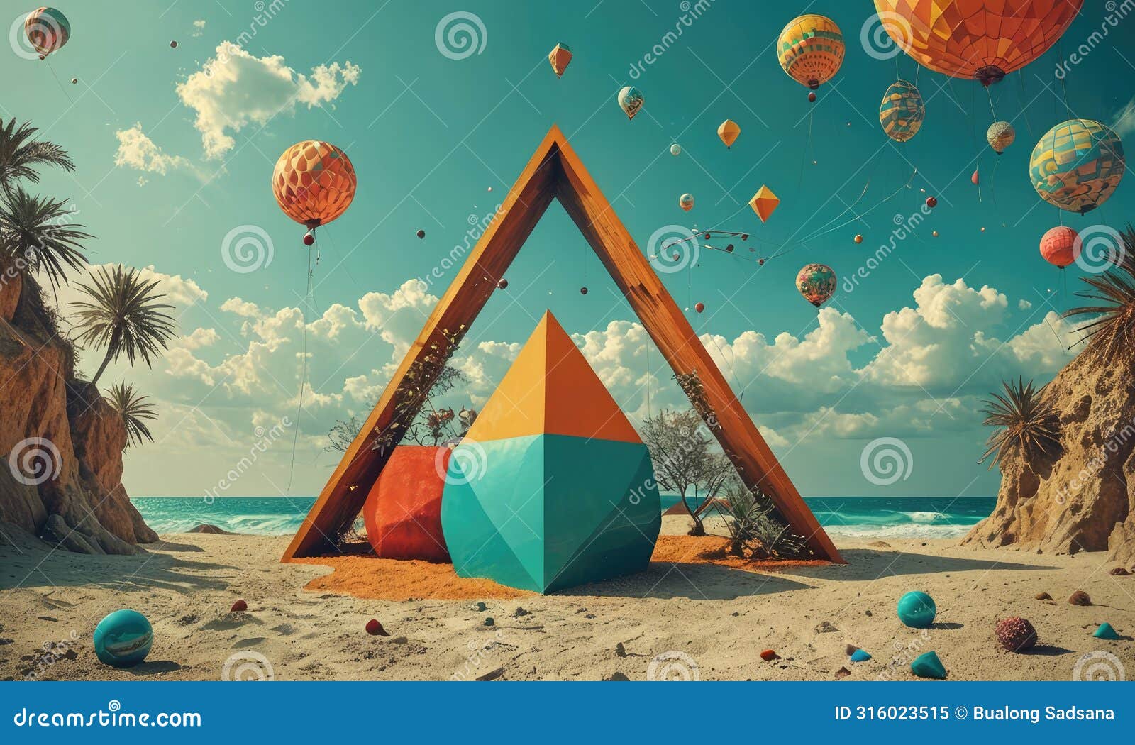 A Beach Scene with a Triangle and a Few Other Shapes in the Sand. Stock ...