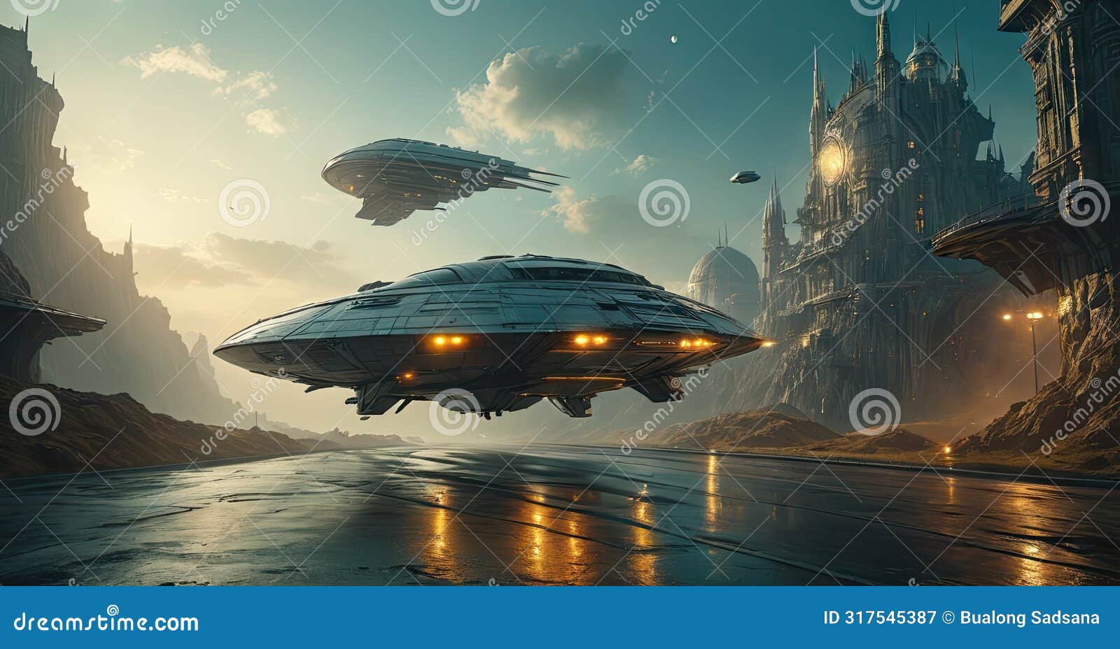 A Painting of a Planet with Two Spaceships Flying Over it. Stock ...