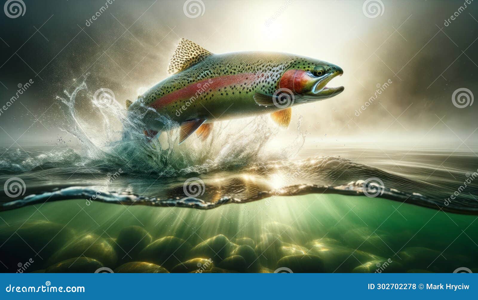 Fish Jumping Clear Water Surface Green Water Rainbow Trout Snowing AI ...