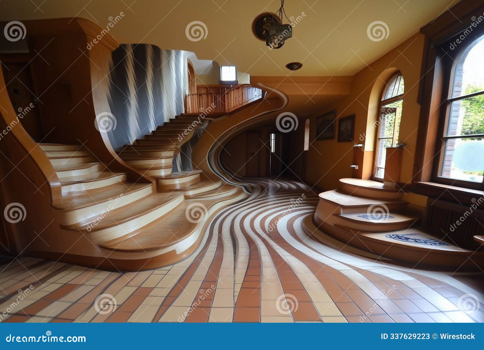 Artistic Interior with Curved Stairs and Wavy Floor Stock Illustration ...