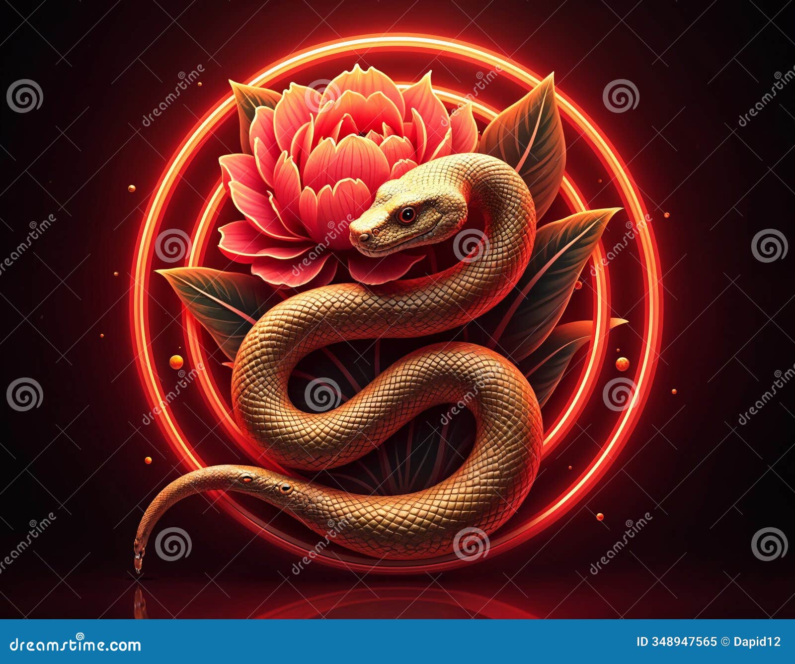 Vector of a Golden Snake with Glowing Red Circular Light Trails and Red ...
