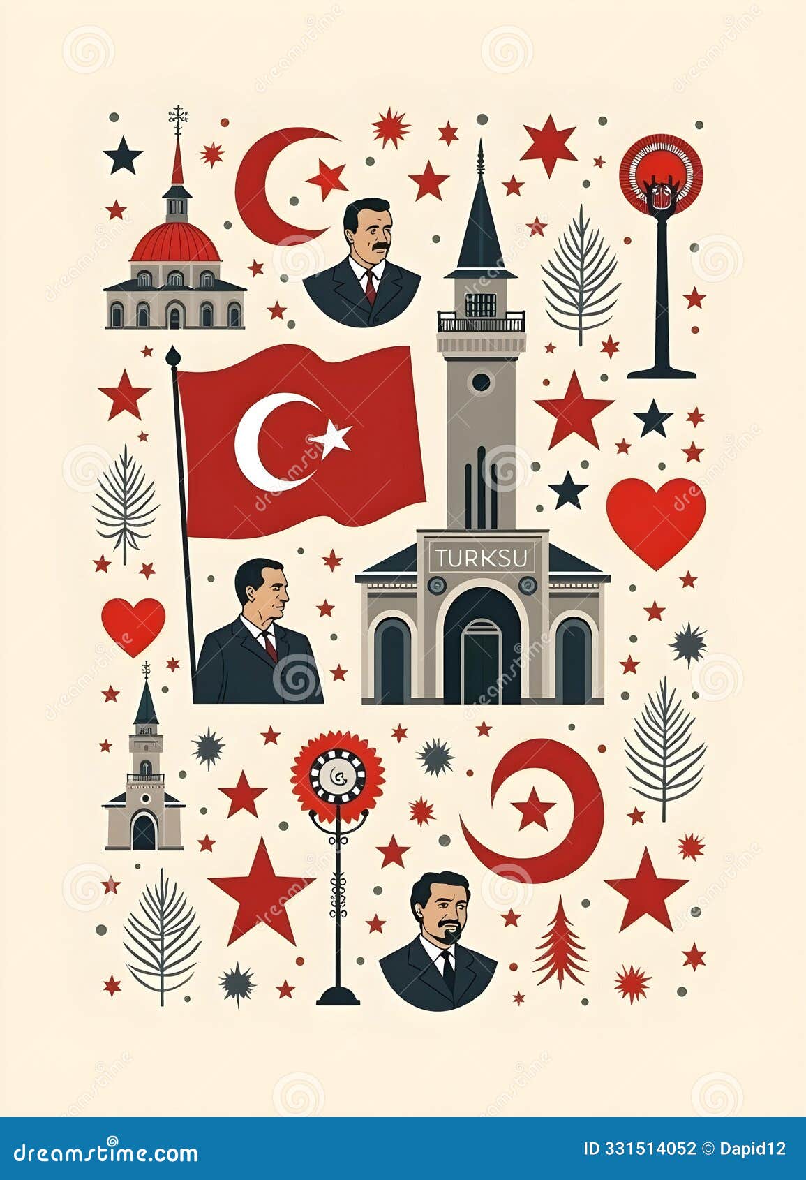 A Vector Icon Set with Turkish Flags and Atatrks Profiles in Front of a ...