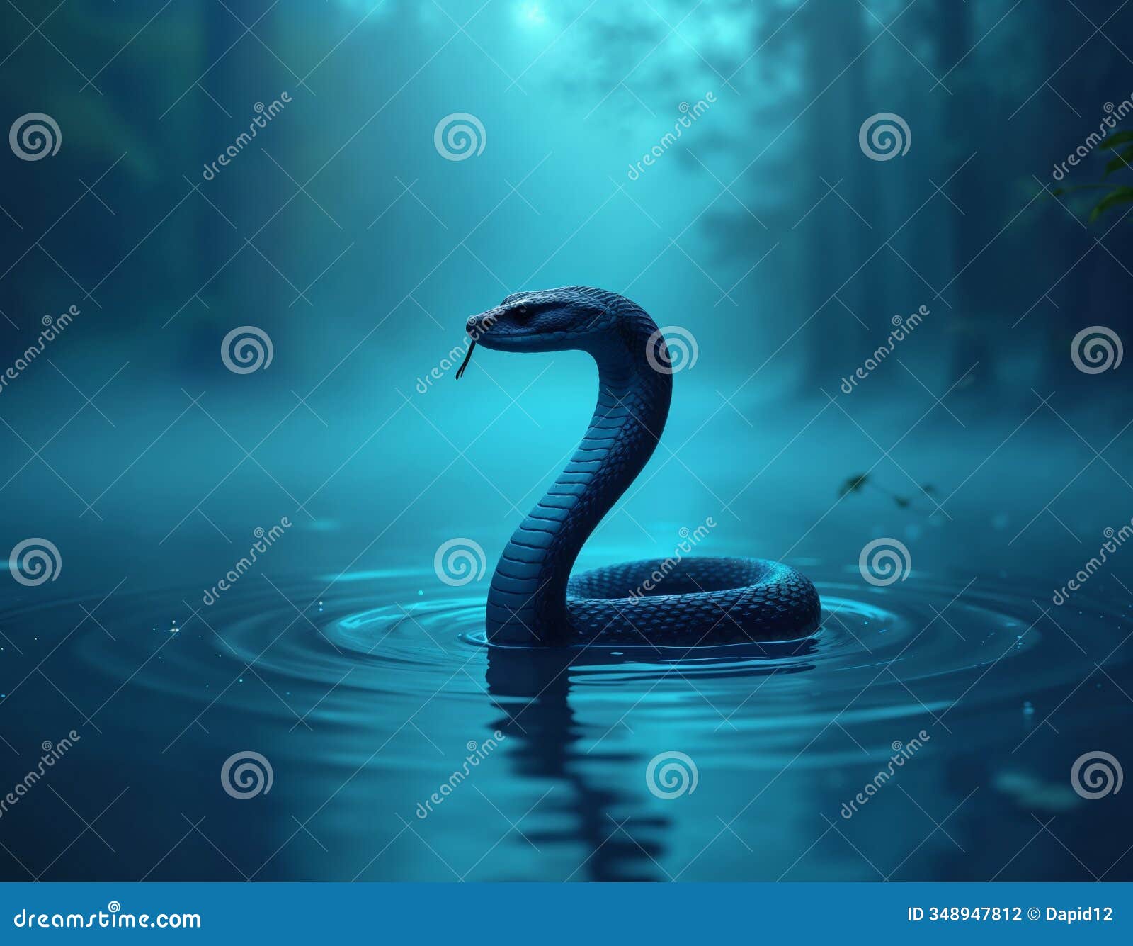 Vector of a Snake on the Calm Water with Ripples on a Dark Misty Forest ...