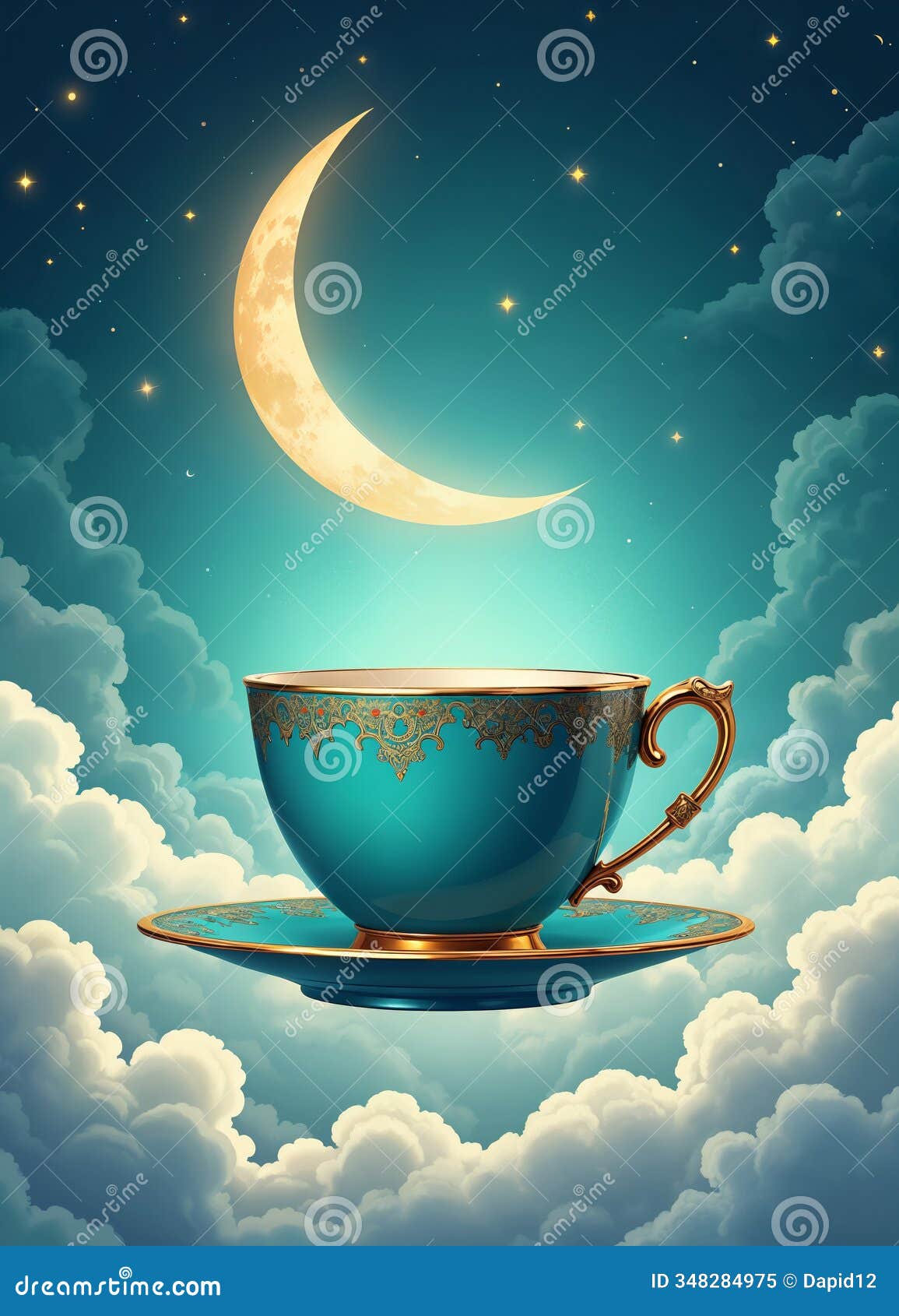 Vector of a Turquoise Cup of Tea and a Saucer with Crescent Moon and ...