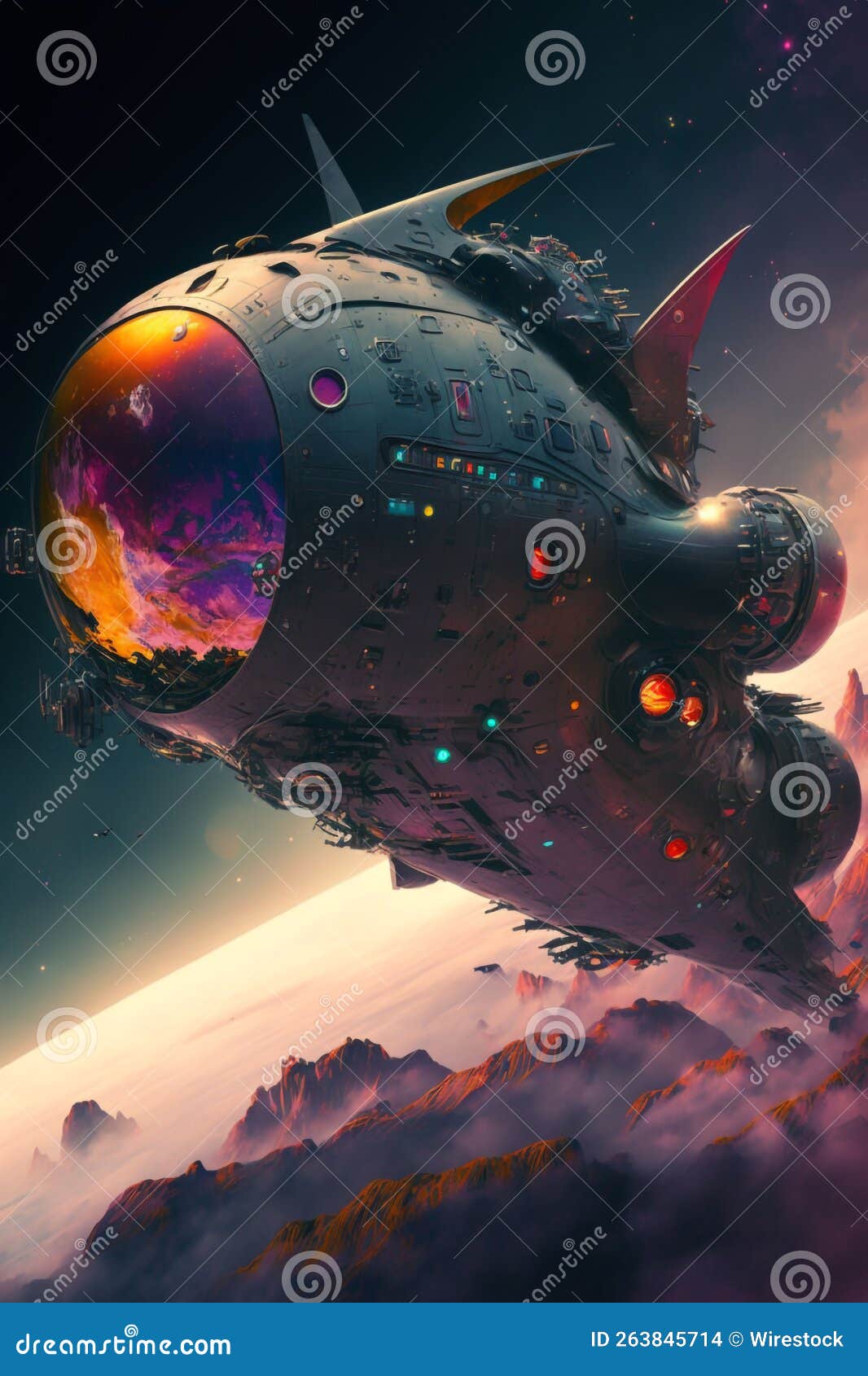 AI Generated Vertical Illustration of a Fantasy Spaceship in the Space ...