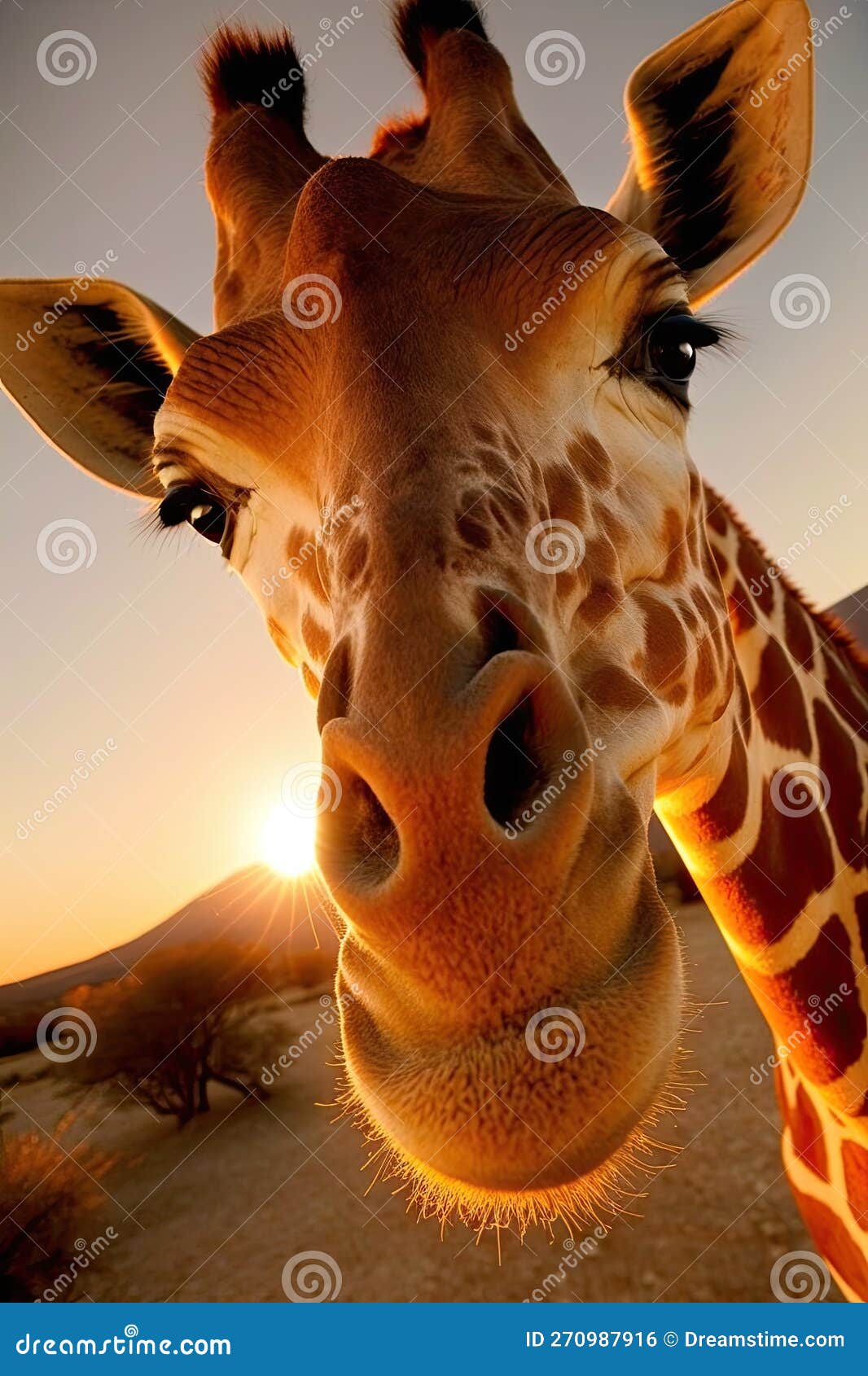 Very Close-up of a Giraffe Looking at the Camera with the Sun Setting ...