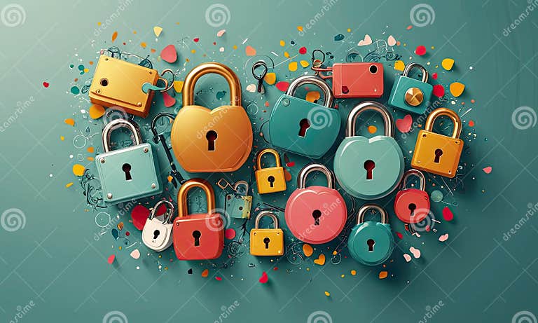 A Collection of Colorful Locks are Arranged on a Blue Background. Stock ...