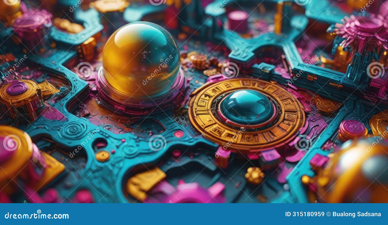 A Blue and Gold Object is Surrounded by Other Objects in this Image ...