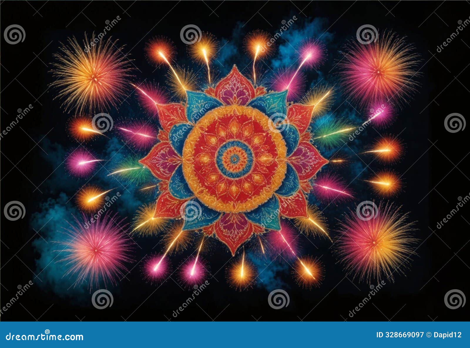 A Vibrant Diwali Rangoli Pattern Design with a Colorful Fireworks ...