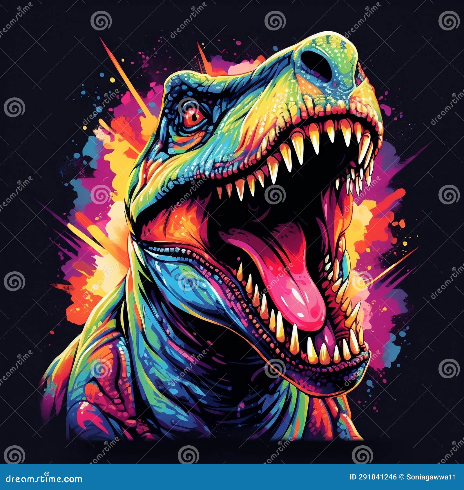 Vibrant T-Rex in Neon Colors Featuring Geometric Patterns and ...