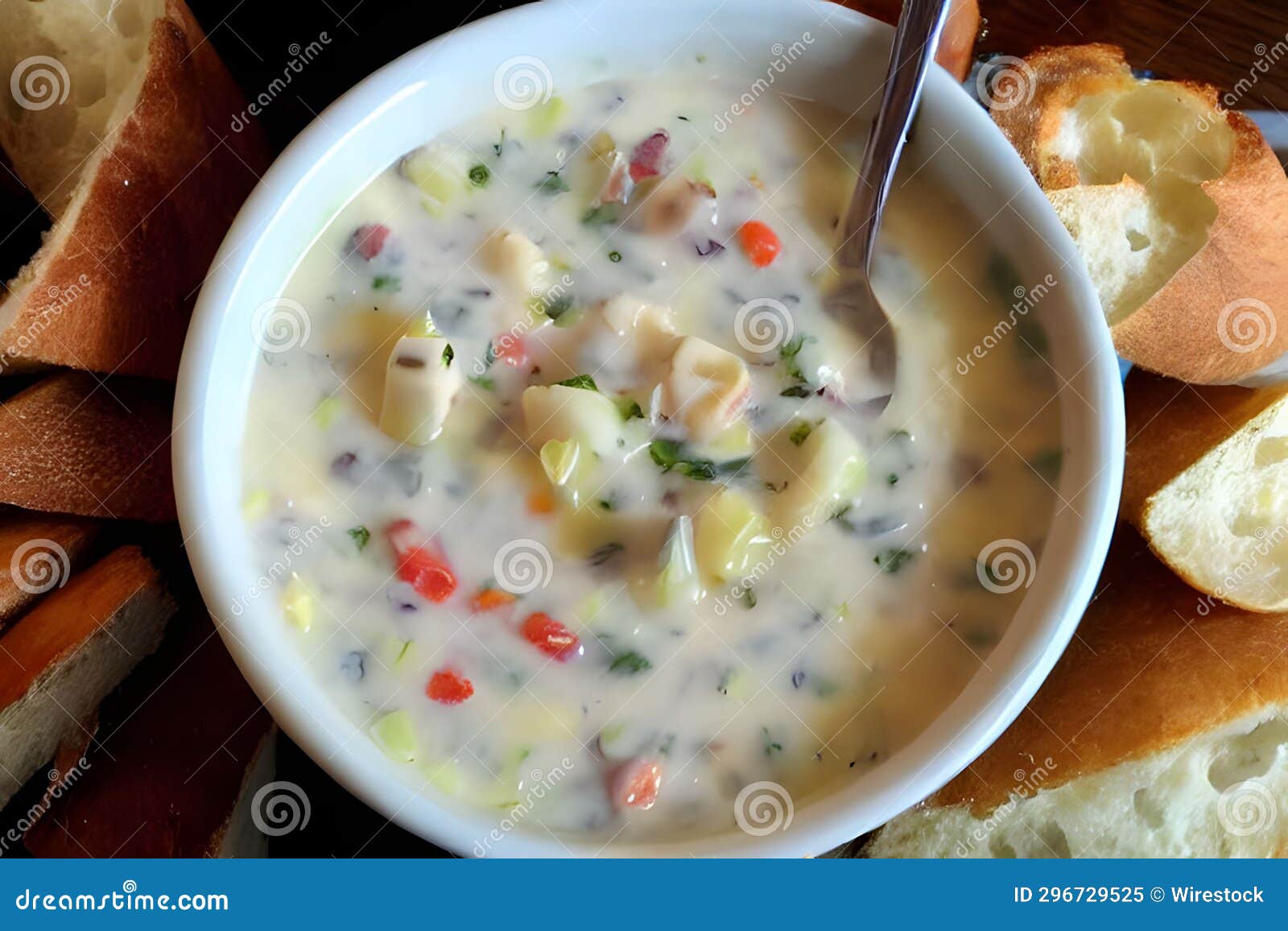 AI-generated View of a Corn Chowder in a White Bowl with a Spoon in it ...