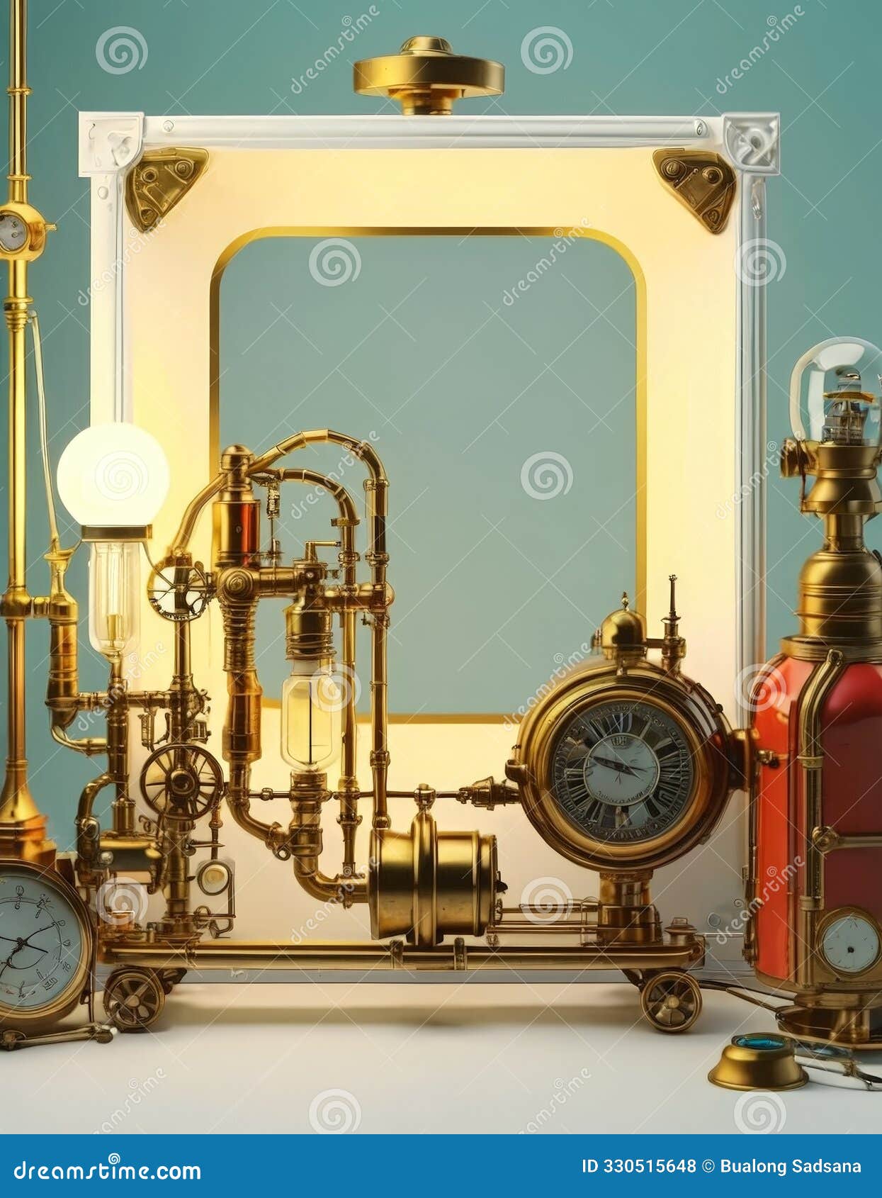Steam Engine and Clock on Blue Background Stock Illustration ...