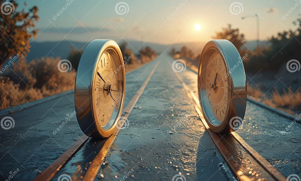 Two clocks on train track stock illustration. Illustration of travel ...