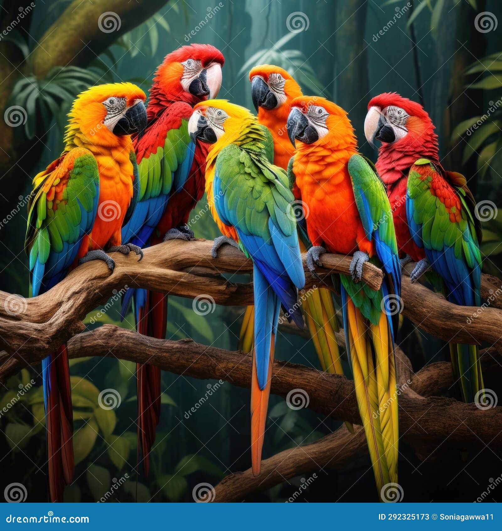 Visual Representation of a Flock of Colorful Parrots Perched on Tree ...