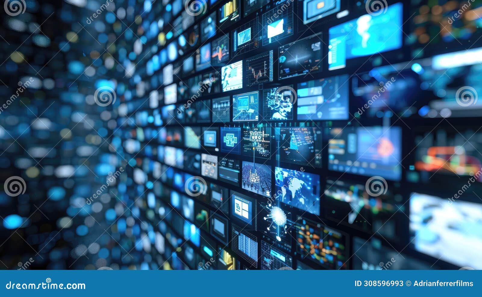 Wall of Screens Displaying Various Digital Data. Stock Illustration ...