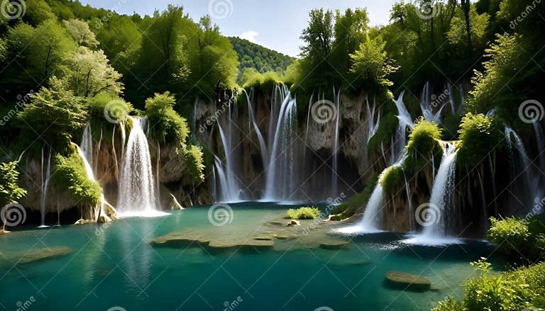 A Waterfall with Trees and a Blue Sky in the Background Stock ...