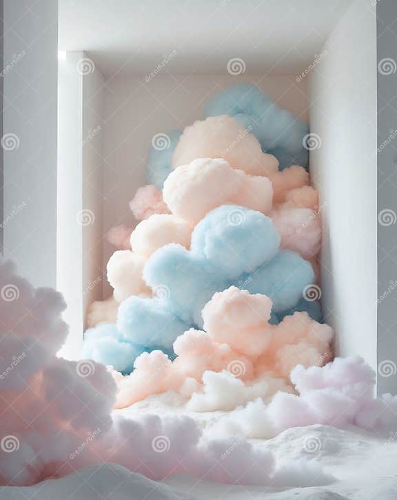 Whimsical Cloud Installation Studio Setting Art Display Soft Pastel Colors Elevated Perspective ...