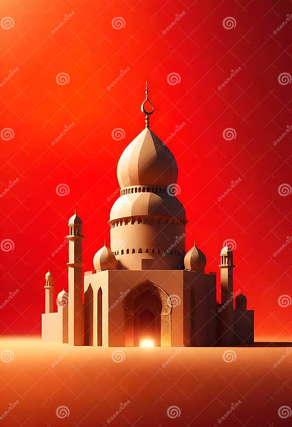 A White Mosque with a Light Shining Inside it on a Red Background Stock ...