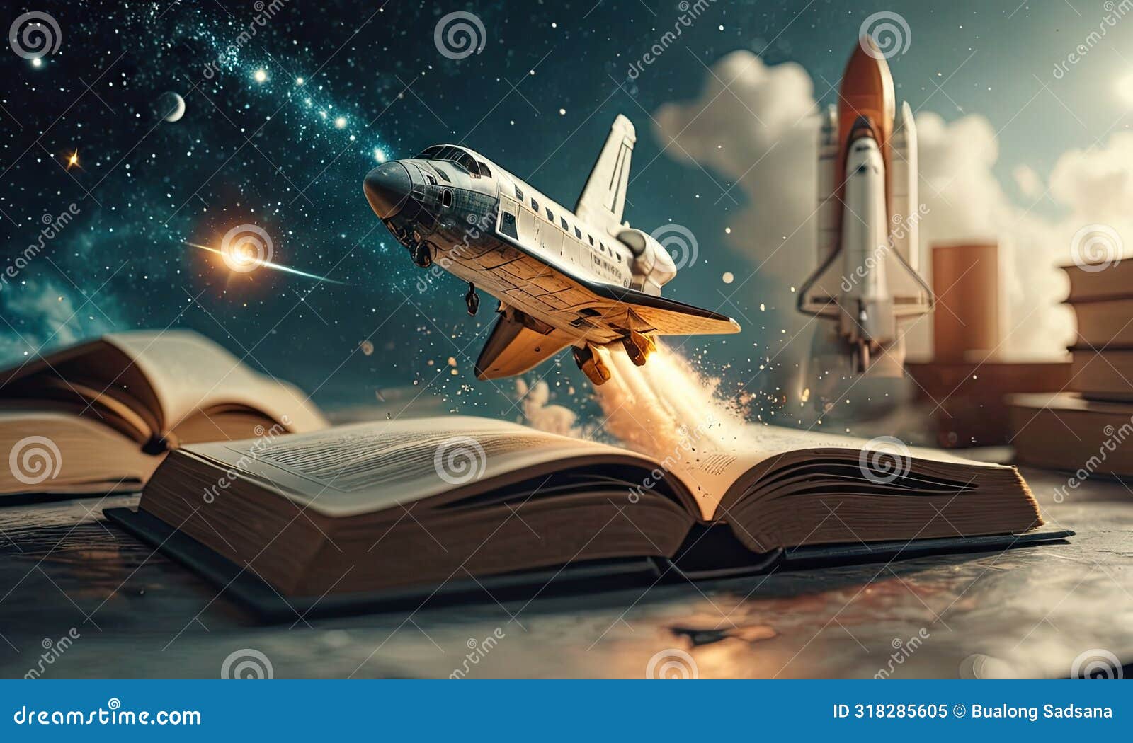 A Book is Open on a Table with a Rocket Flying in the Background. Stock ...