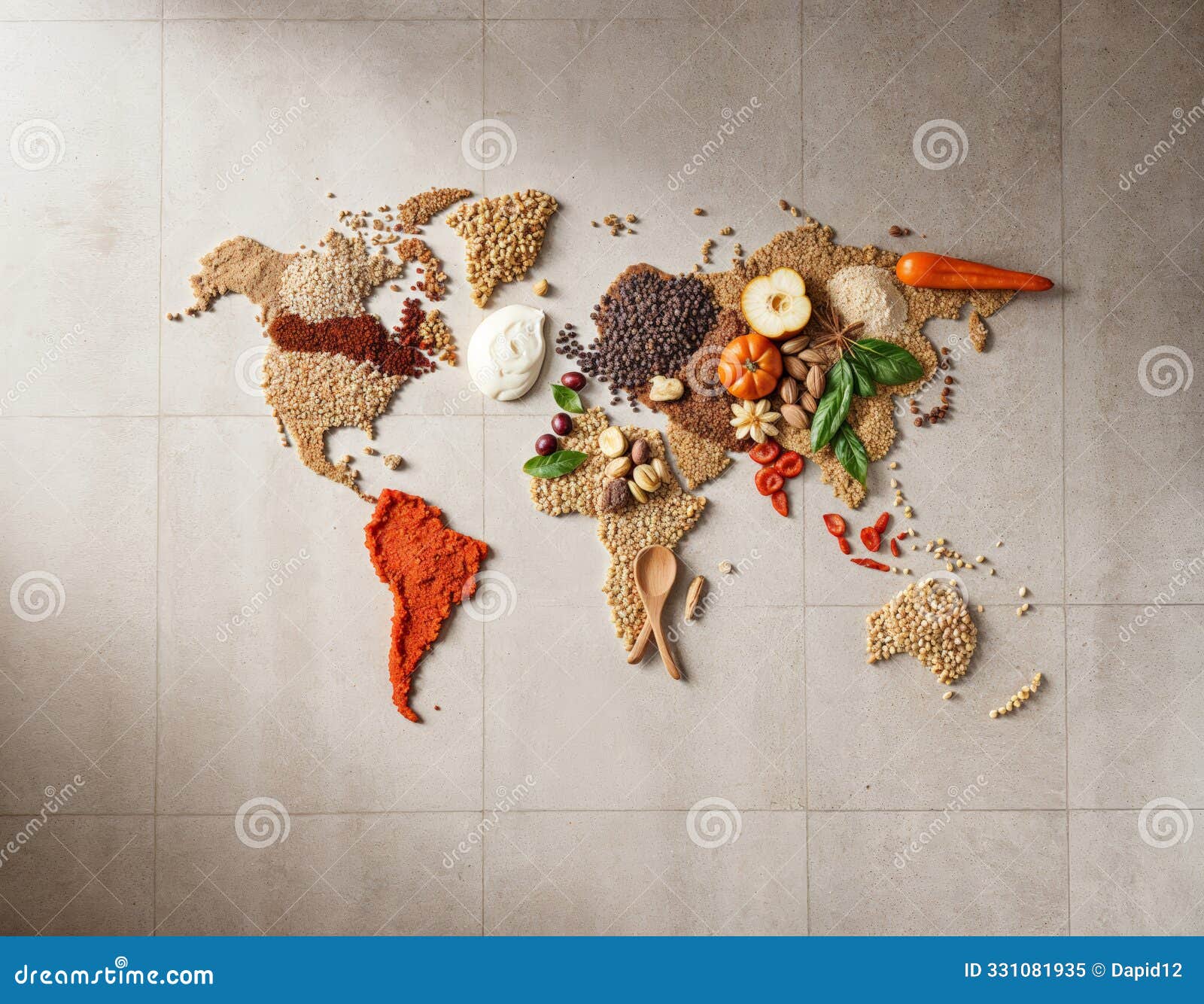 A World Map Made of Food Ingredients and Vegetables on a Stone Texture ...