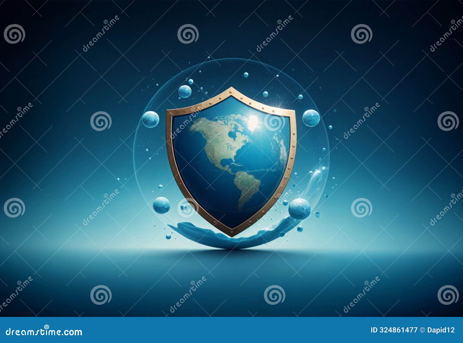 World Map In Shield With Ozone Molecules On Blue Background Royalty ...