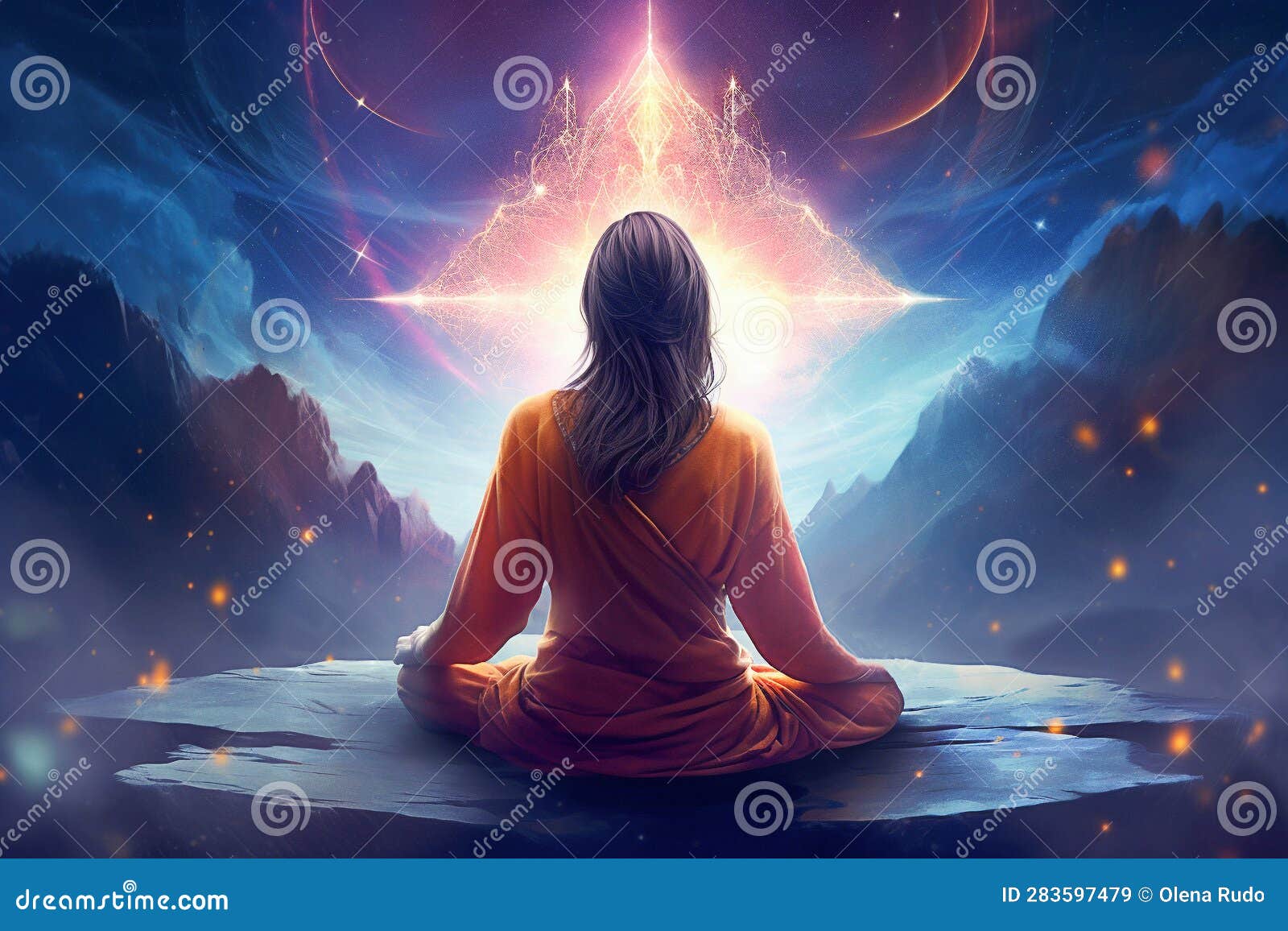 Ai Generative. Back View, Young Woman Meditating in Front of Space ...