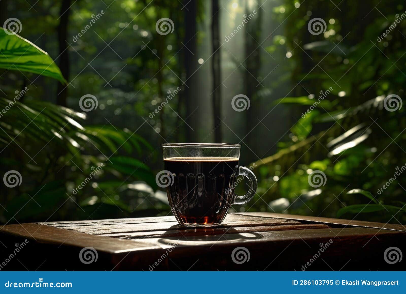 AI Generative. Black Coffee in Glass Cup on Wood Table. Forest Blue ...