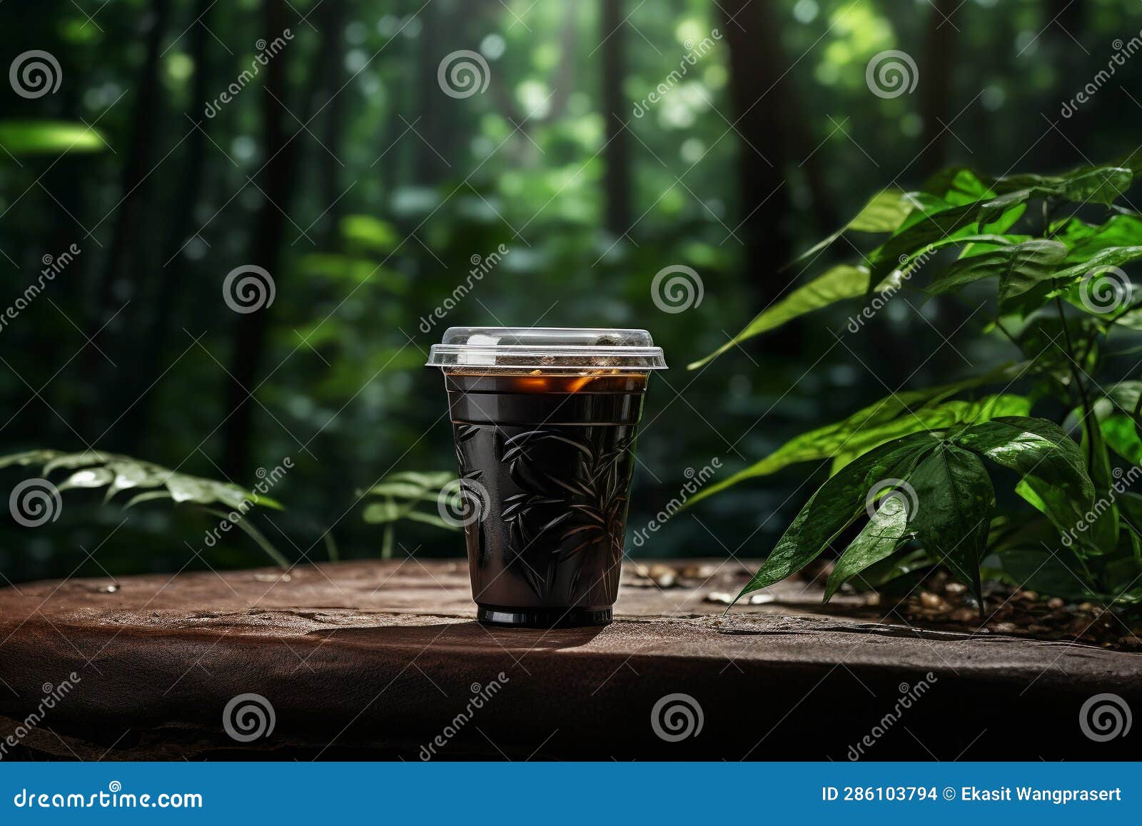 AI Generative. Black Coffee in Plastic Cup on Wood Table. Forest Blue ...