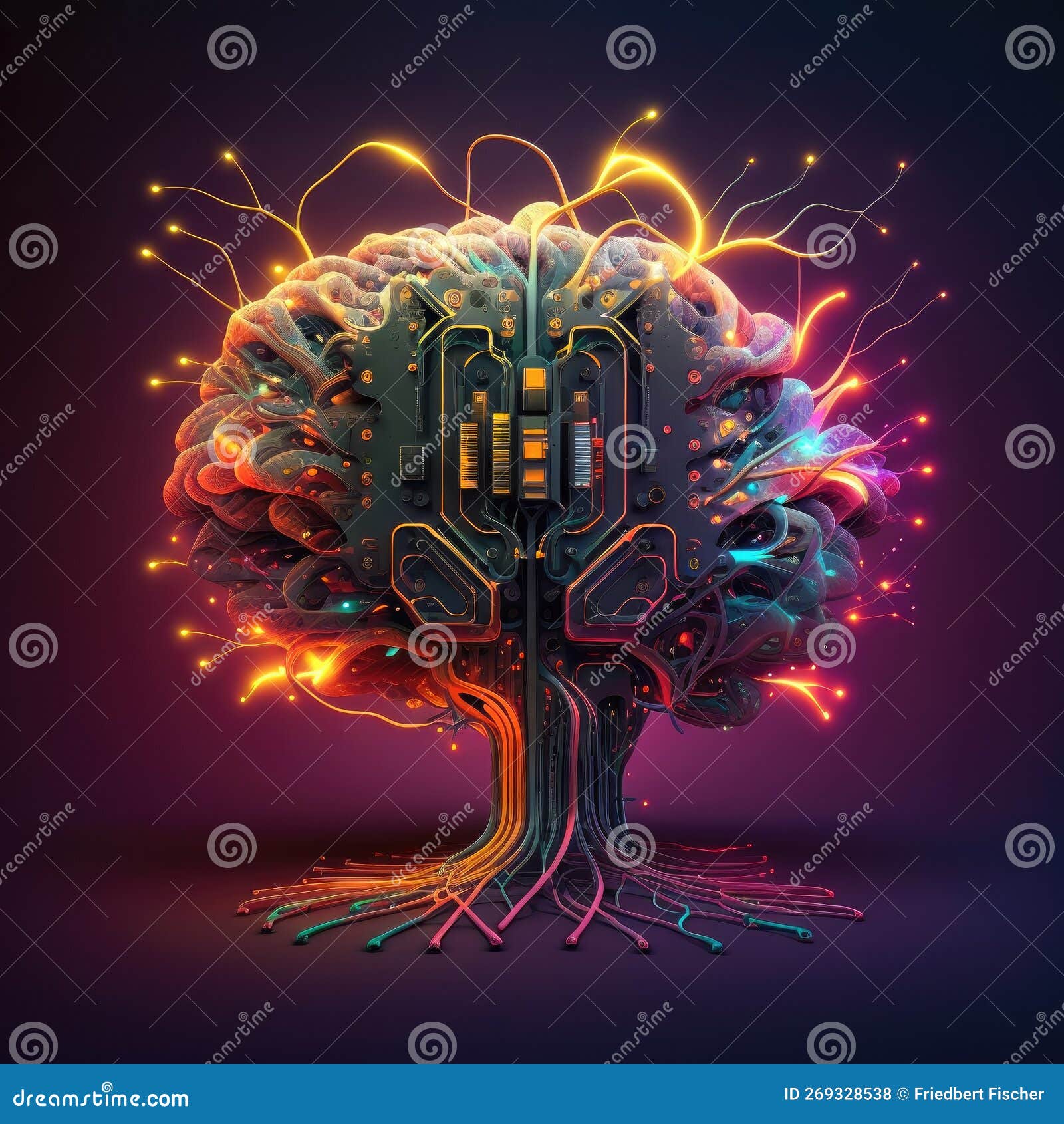 Microchip Inside Cloud of Dots and Lines in Shape of Biological Brain ...