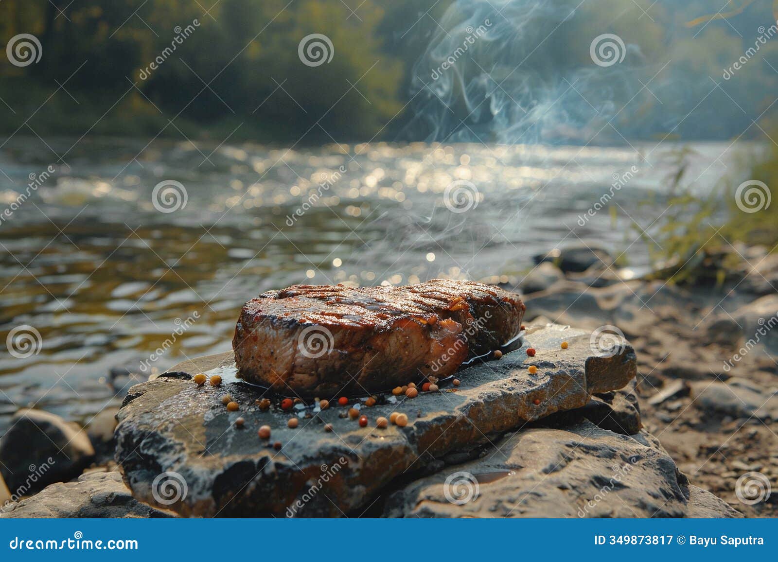 Ai Generative Cooking Steak on Rocks by the River Stock Illustration ...