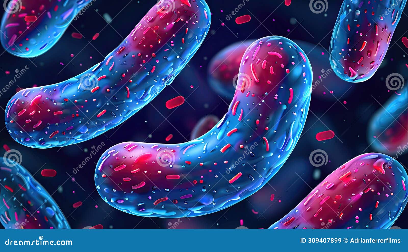 3D Render of Bacteria-like Structures in Blue with Red Highlights ...