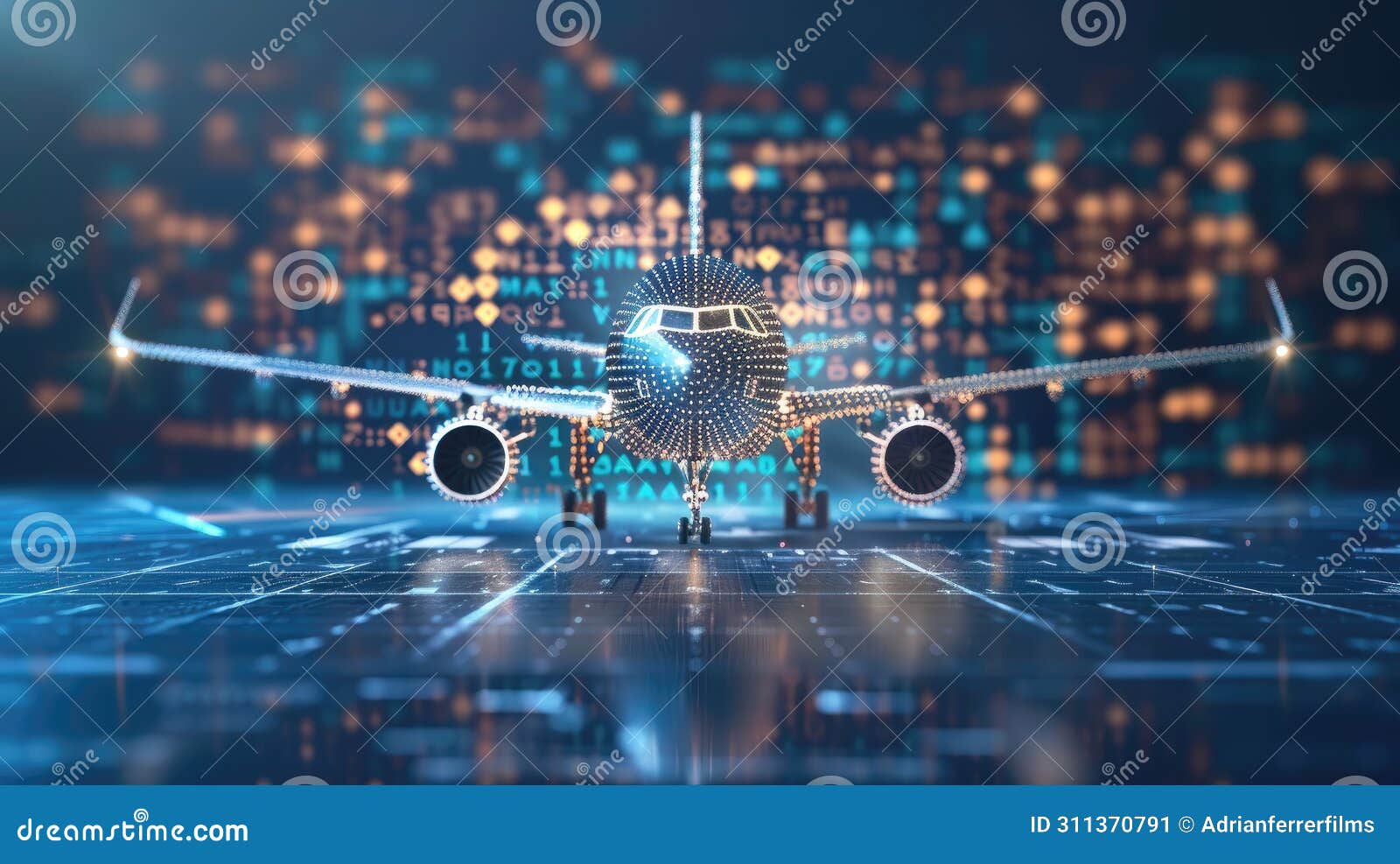 Digital Concept of an Airplane with Binary Code and City Lights. Stock ...