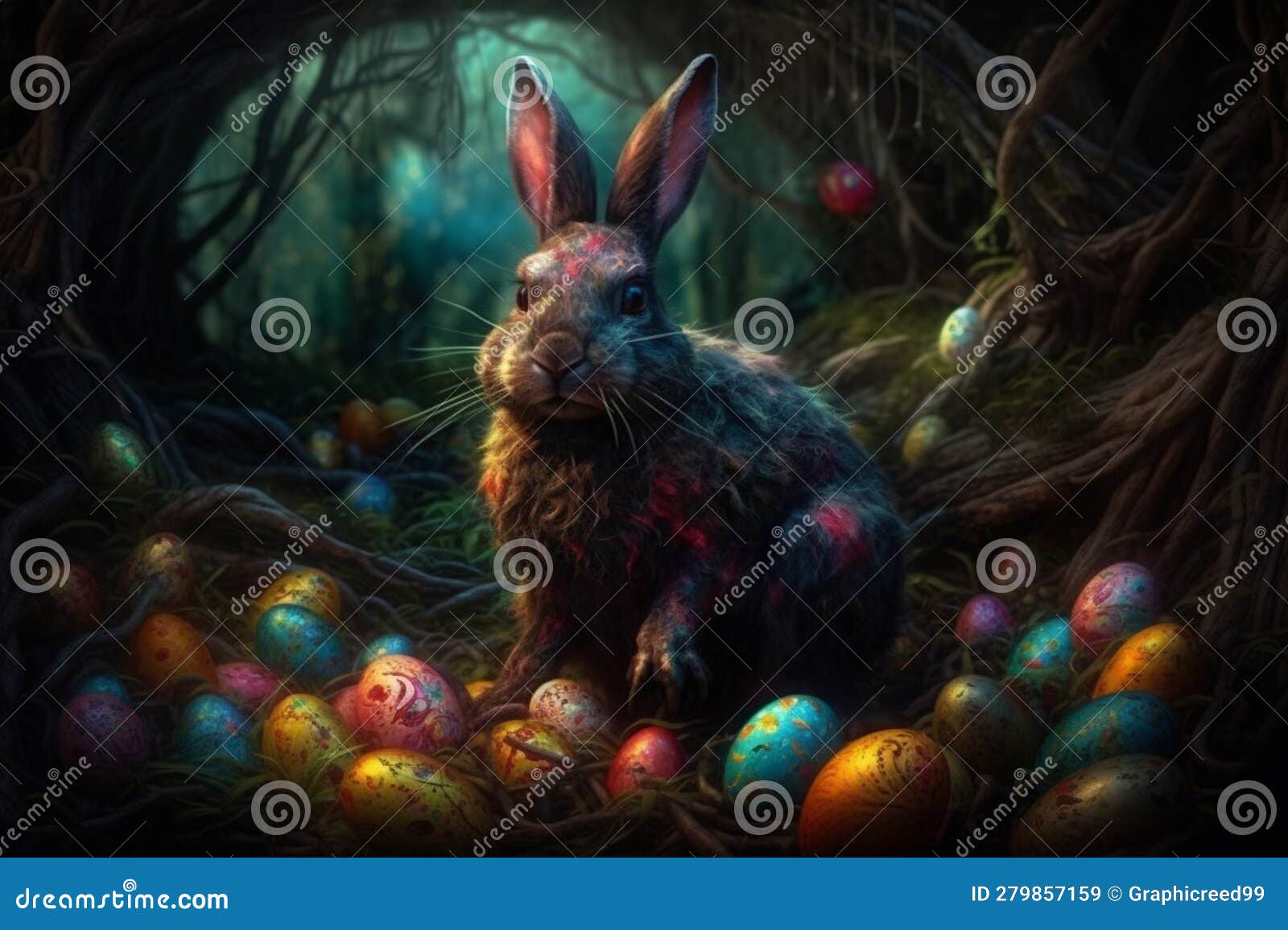 Ai Generative Easter Bunny and Colored Eggs in the Forest on a Dark ...