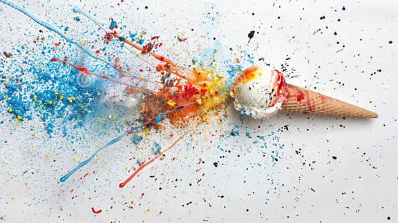 Exploding Ice Cream Cone with Colorful Splashes. Stock Image - Image of ...