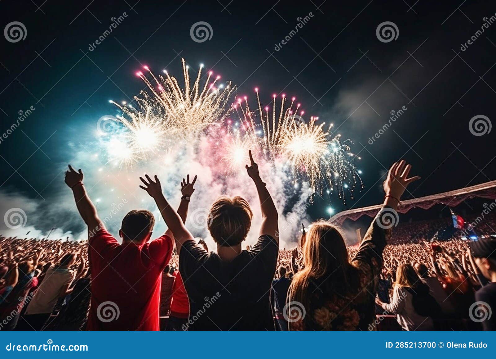 Ai Generative. Excited Audience Back View Watching Confetti Fireworks ...