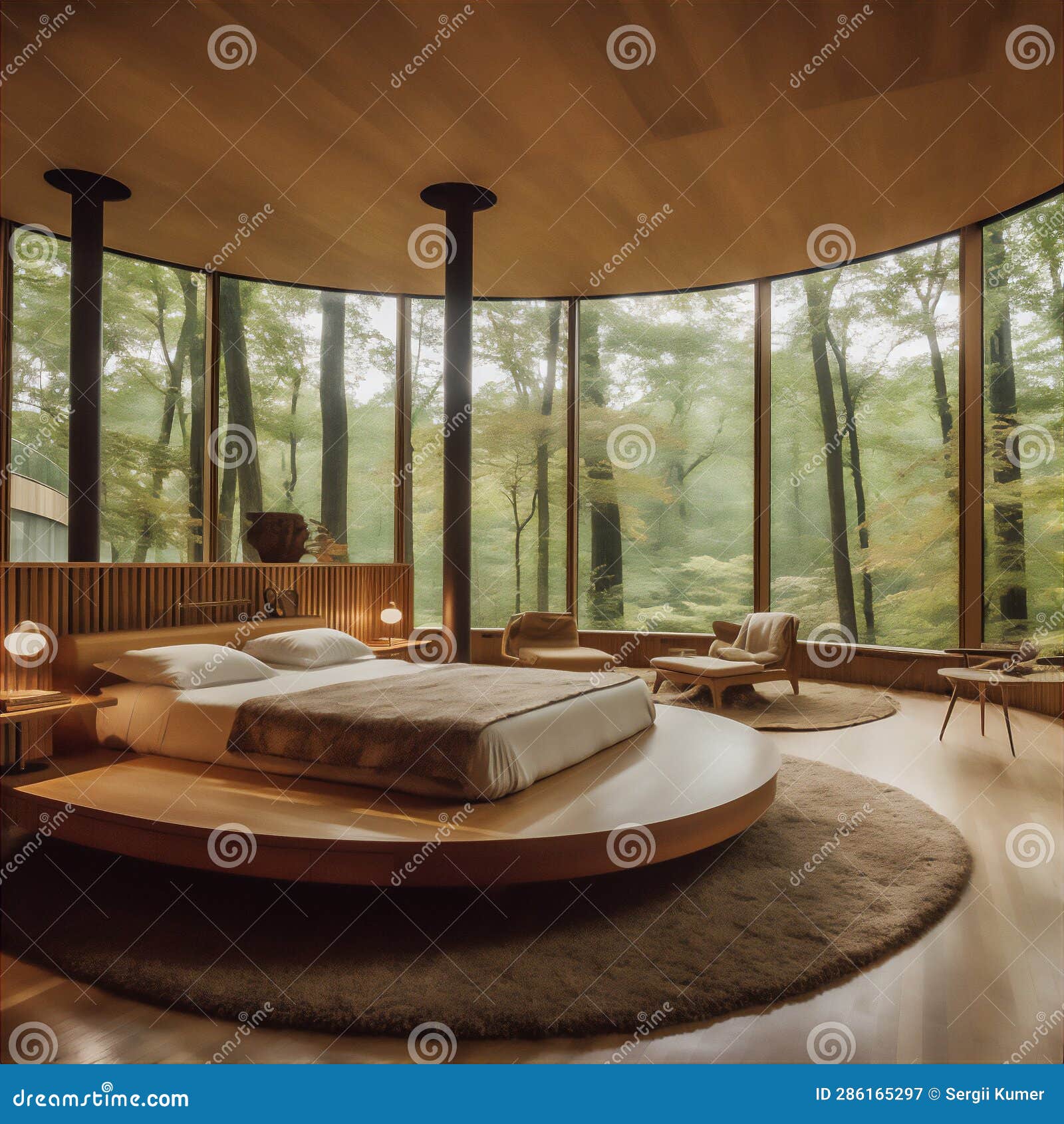 AI Generative Image of Modern Stylish Bedroom with Round Bed and Huge ...