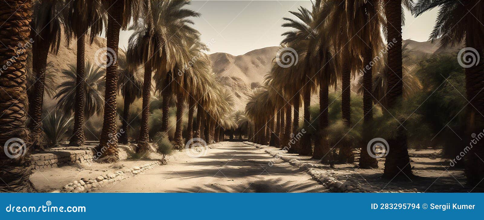 AI Generative Image of Oasis in the Desert with Lushing Tall Palm Trees ...